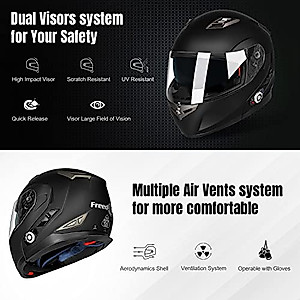 FreedConn Motorcycle Bluetooth Helmet,Bluetooth Integrated Modular Flip up Full Face Motorcycle Helmet,Dual Visor Modular Bluetooth Helmet,DOT Approved Helmets with Gloves(Matte Black,Large)