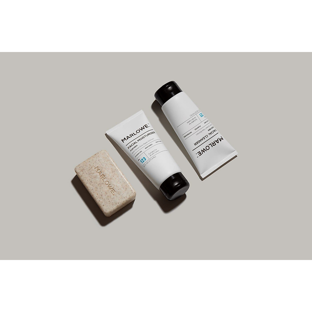 MARLOWE. Best Sellers Kit No. 203, Features Signature No. 102 Original Body Scrub Soap Bar, No. 121 Facial Cleanser & No. 123 Facial Moisturizer, Great Gift for Men