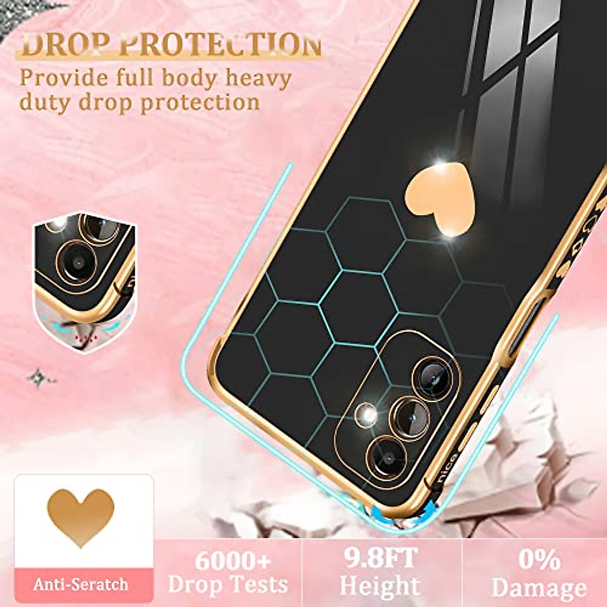 for Samsung Galaxy A13 5G Case with HD Screen Protector with Full Camera Protection, Atump Love Heart Plating Girly Women Cute Soft TPU Luxury Elegant Case for Galaxy A13 5G Case, Black