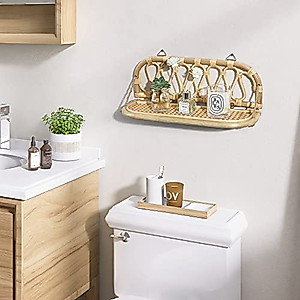 Mazjoaru Wall Shelves Rattan Shelf 16.5inch Handmade Boho Wall Decor Floating Rustic Decor for Bathroom Nursery Bedroom, Wall Mounted Natrual Rattan and Wood Storage Hanging Shelves