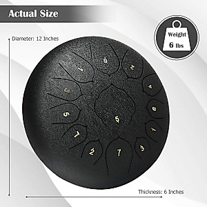 Sonart 12 Inch High Carbon Steel Tongue Drum, 13 Notes Lotus Hand Steel Pan Drum w/Drum Hammer, Drumstick Bracket, Rubber Finger Sleeve and Travel Bag for Camping, Meditation, or Yoga (Black)