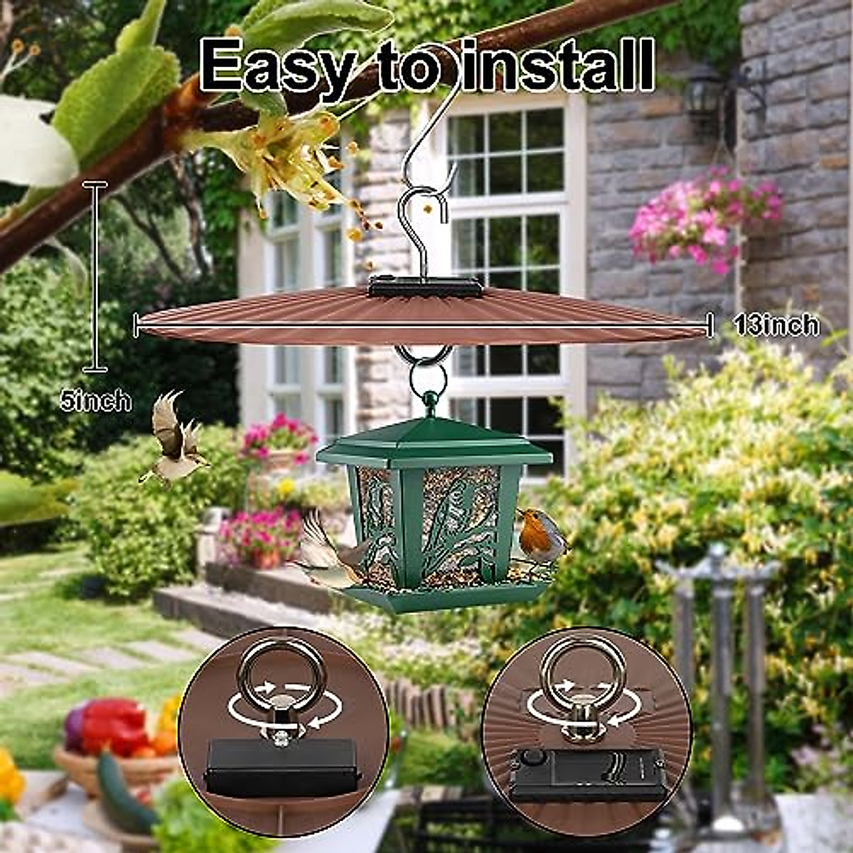 Bird Feeder Baffle with Solar Lamp, Wide Diameter Hummingbird Feeders Covers,Weather Guard Protect Feed from Sun and Bird Seed Dry,for Hanging Bird Feeders Guard-13inches