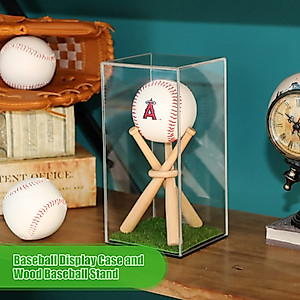 Mudder Baseball Display Case and Wood Stand Acrylic Baseball Holder Acrylic Box with Grass Pad for Ball Display Mini Wooden Bat Showcase Holders for Memorabilia Autograph Ball(1 Pack)