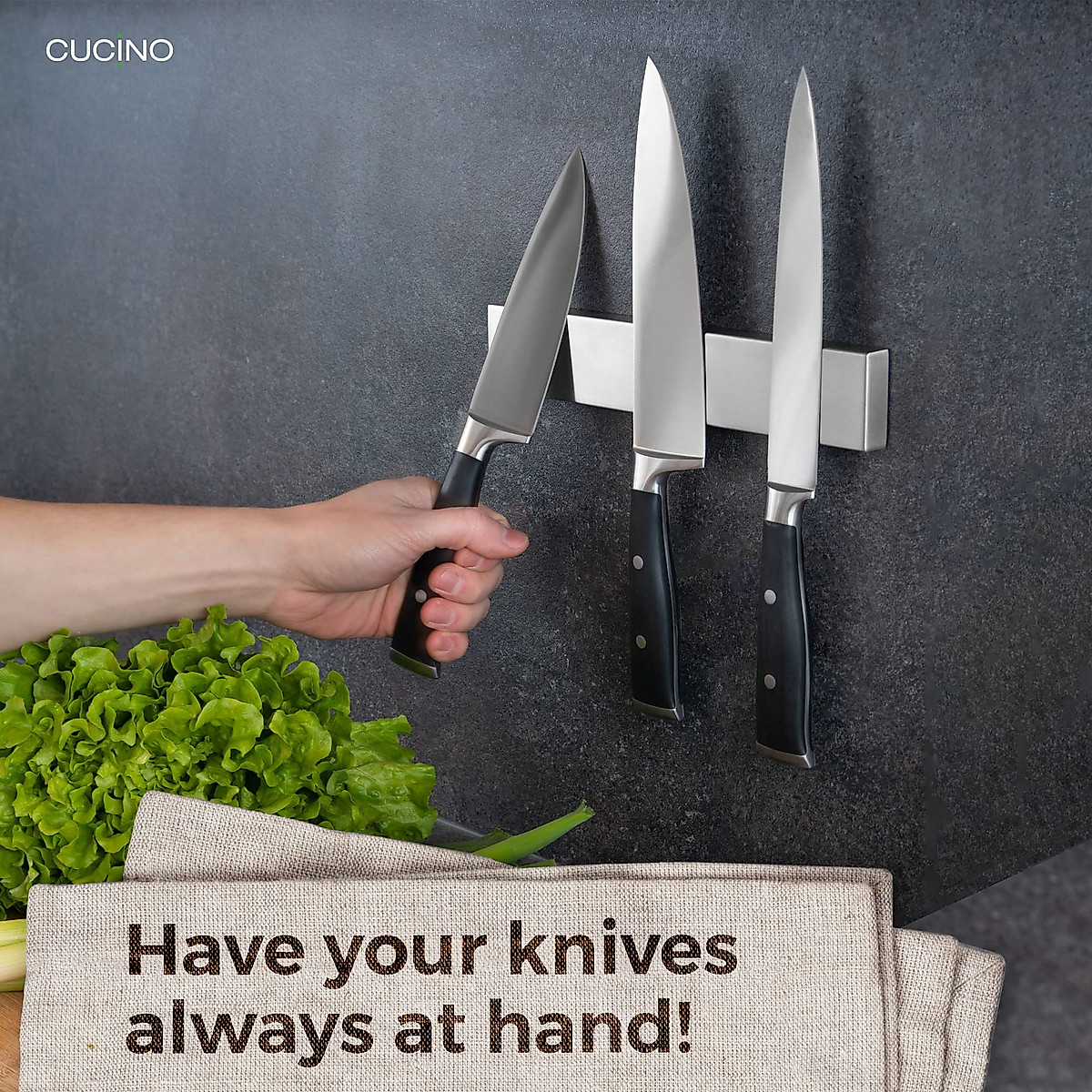 CUCINO Magnetic Knife Holder for Wall 10" No Drilling incl. Self Adhesive Tape - Extra strong Knife Holder - Awarded Knife Magnetic Strip - Made of Stainless Steel