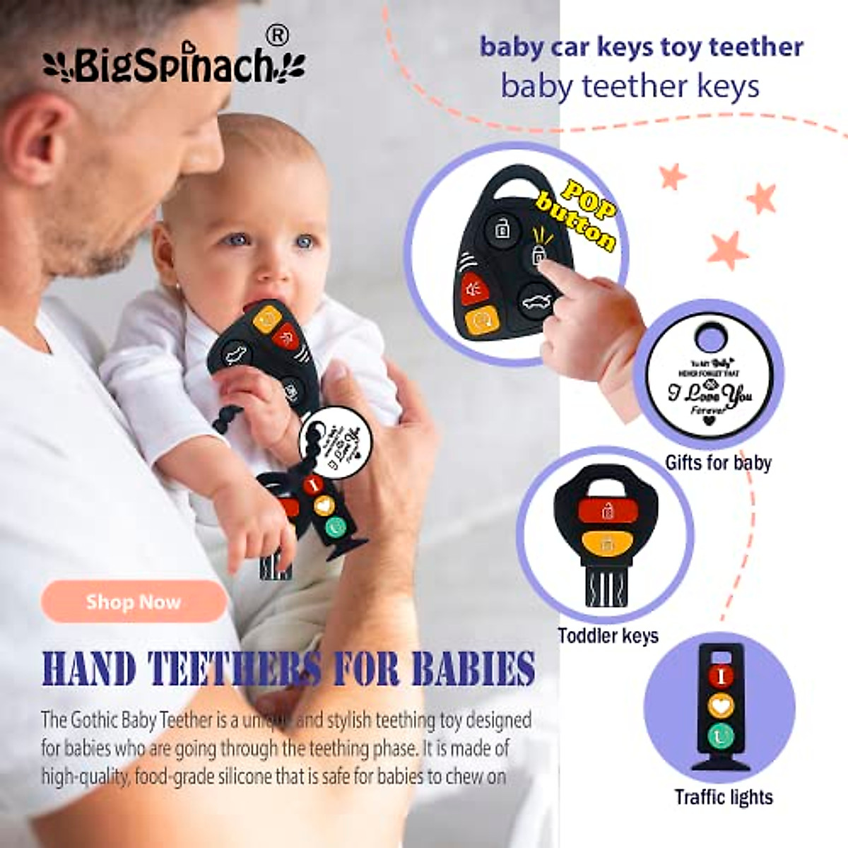 BIGSPINACH Baby Teething Keys Toys 6 to 12 Months,Gothic Car Keys Baby Teether Combo Set,Car Key Remote Toy Controller for Toddler(Gothic) (Gothic, Black)