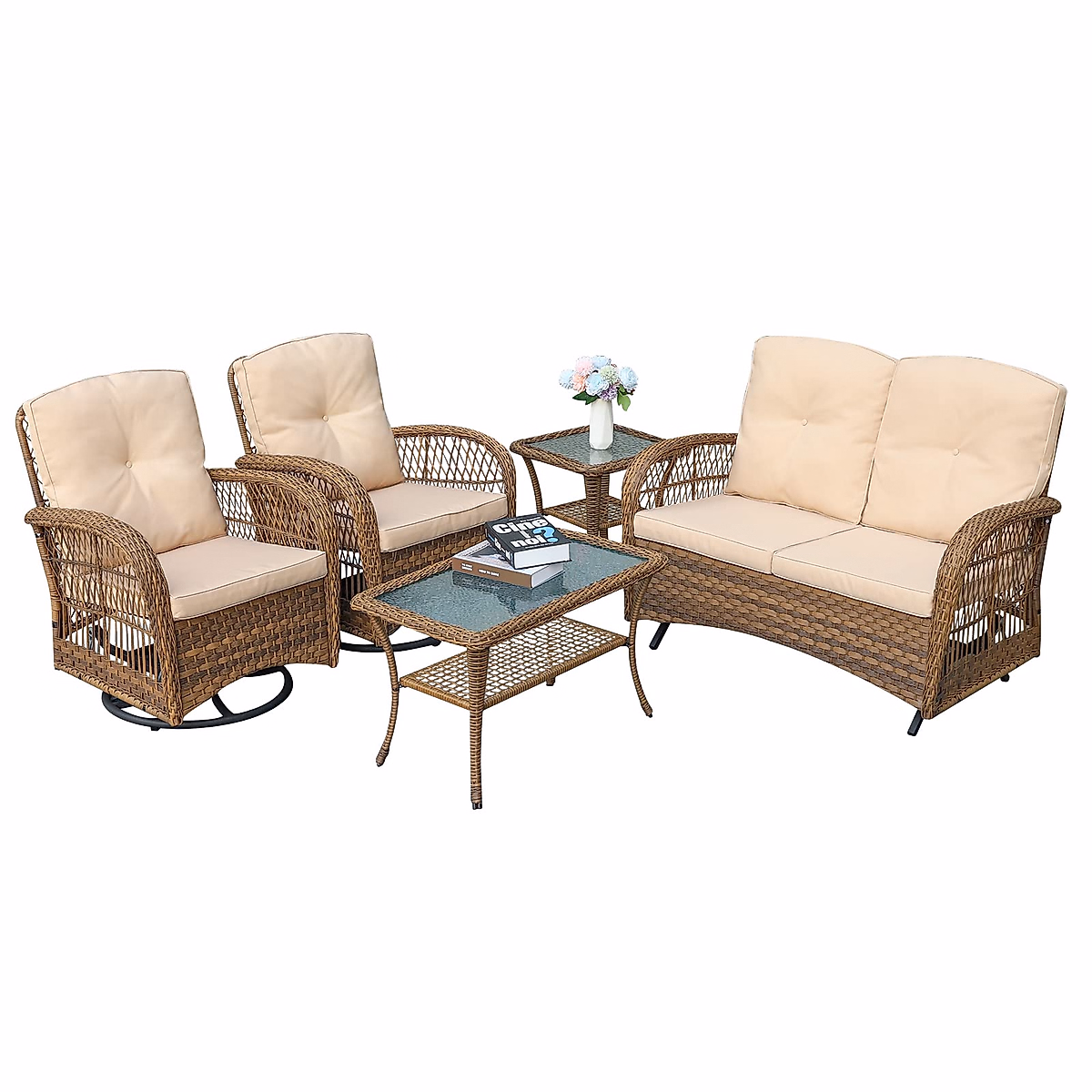 MEETWARM 5 Pieces Outdoor Patio Rattan Furniture Sets, All Weather Patio Wicker Conversation Set - 2 Rocking Swivel Chairs 1 Rattan Loveseat Glider with Cushions, 2 Glass-Top Coffee Table, Beige
