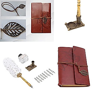 VBESTLIFE Antique Feather Dip Calligraphy Pen Set, Quill Pen Notebook Set Includes Empty Ink Bottle, Pen Nib, Pen Holder, Quill Pen, Notebook, Wedding, Birthday White Dots