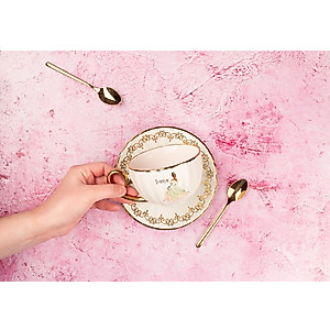 Disney Princess Golden Scalloped Teacup and Saucer - Elegant Ceramic Tea Set with Gold Accents | Official Disney Licensee (Tiana)