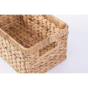 Natural Woven Water Hyacinth Wicker Rectangular Storage Bin Basket with Handles, Small