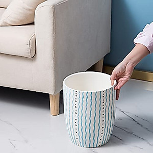 RZCNC Small Trash Durable Garbage Can Waste Basket for Bathroom, Bedroom, Office and More 2.75 Gallon Capacity with Stylish Blue Wavy Line Ceramic