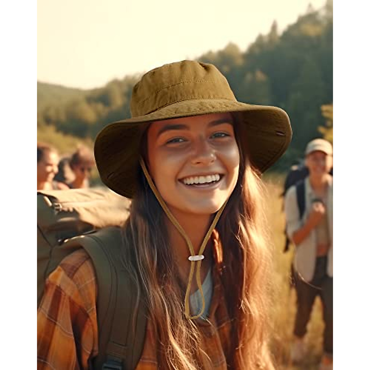 Wide Brim Bucket Sun Hat Packable Cotton Washed UPF 50 Beach Hat for Women Men with Strings Cowboy Outdoor Safari Boonie Cap Brown