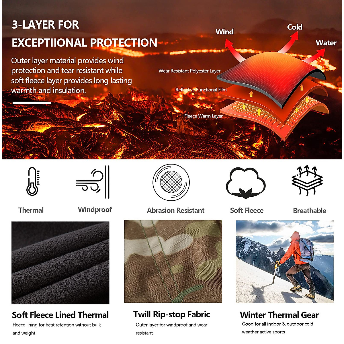 GSGGIG Men's Fleece Lined Camo Hiking Tactical Ripstop Pants Winter Outdoor Work Cargo Pants with 8Pockets No Belt JR55 Black CP CAMO 32