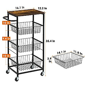 LEGUANG Kitchen Storage Rolling Cart on Wheels, 4 Tier Metal Rolling Utility Carts Microwave Rack with Wooden Tabletop for Kitchen Island, Bathroom, Living Room(Black)