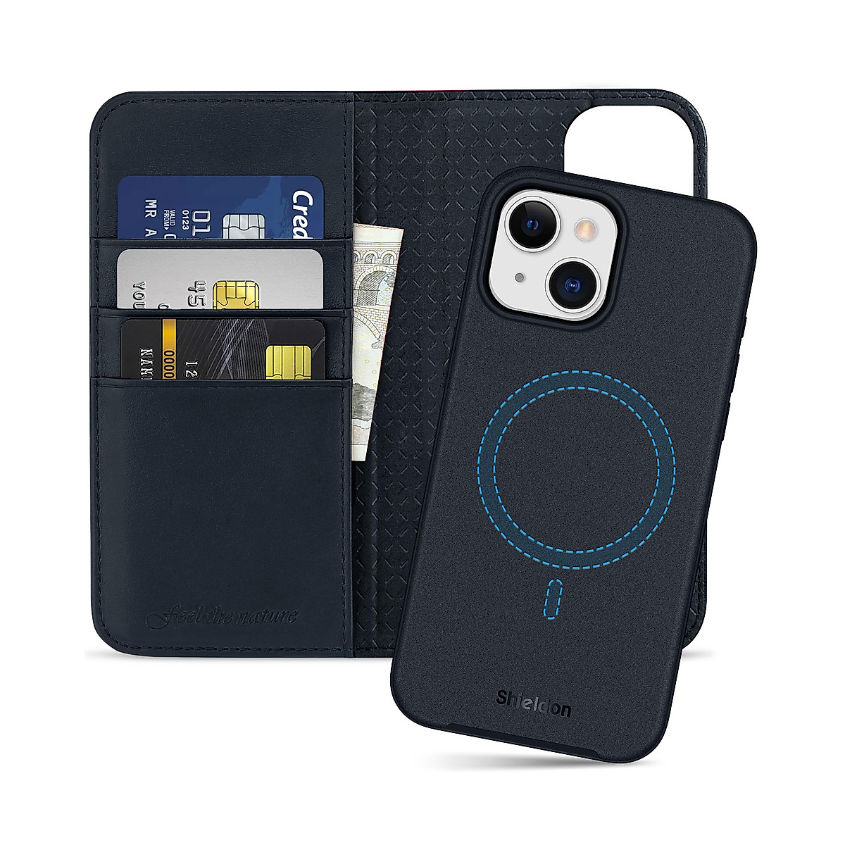 SHIELDON Genuine Leather Wallet 2 in 1 Detachable Wireless Charging Folio Magnetic Case RFID Blocking Card Slot Kickstand Shockproof Case Compatible with iPhone 15 - Navy Blue