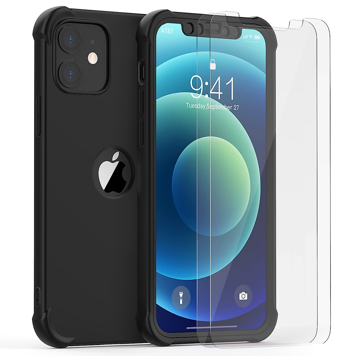 iPhone 12 Mini Case, ORETech Heavy Duty Shockproof Cover with 2 Tempered Glass Screen Protectors - 5.4" Black