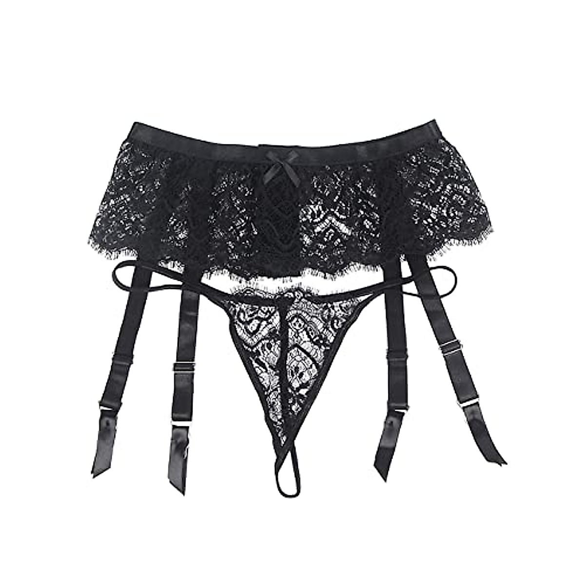 Women Plus Size Lace Garter Blet with 4 Straps Metal Clip for Stocking Mesh Suspender Belt with Thong