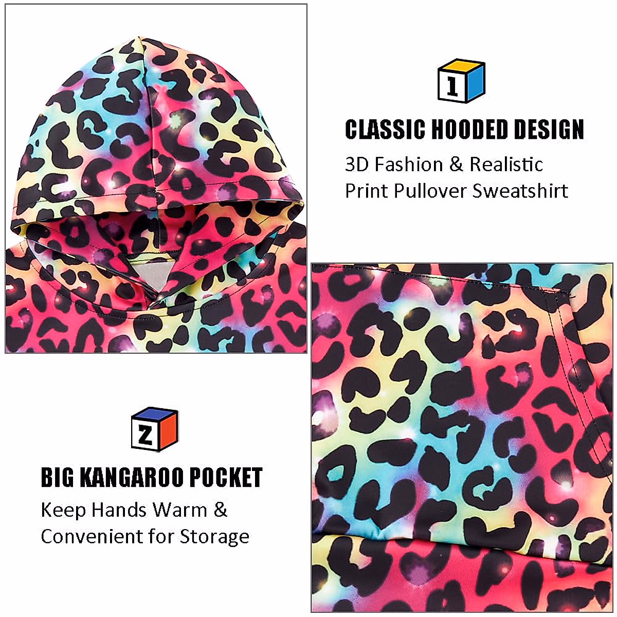 uideazone Teens Girls Hooded Sweatshirt Size 7 3D Print Colorful cheetah Leopard Hoodies Fashion Long Sleeve Hoody Pullover Sweatsuit for School 6-8 Years