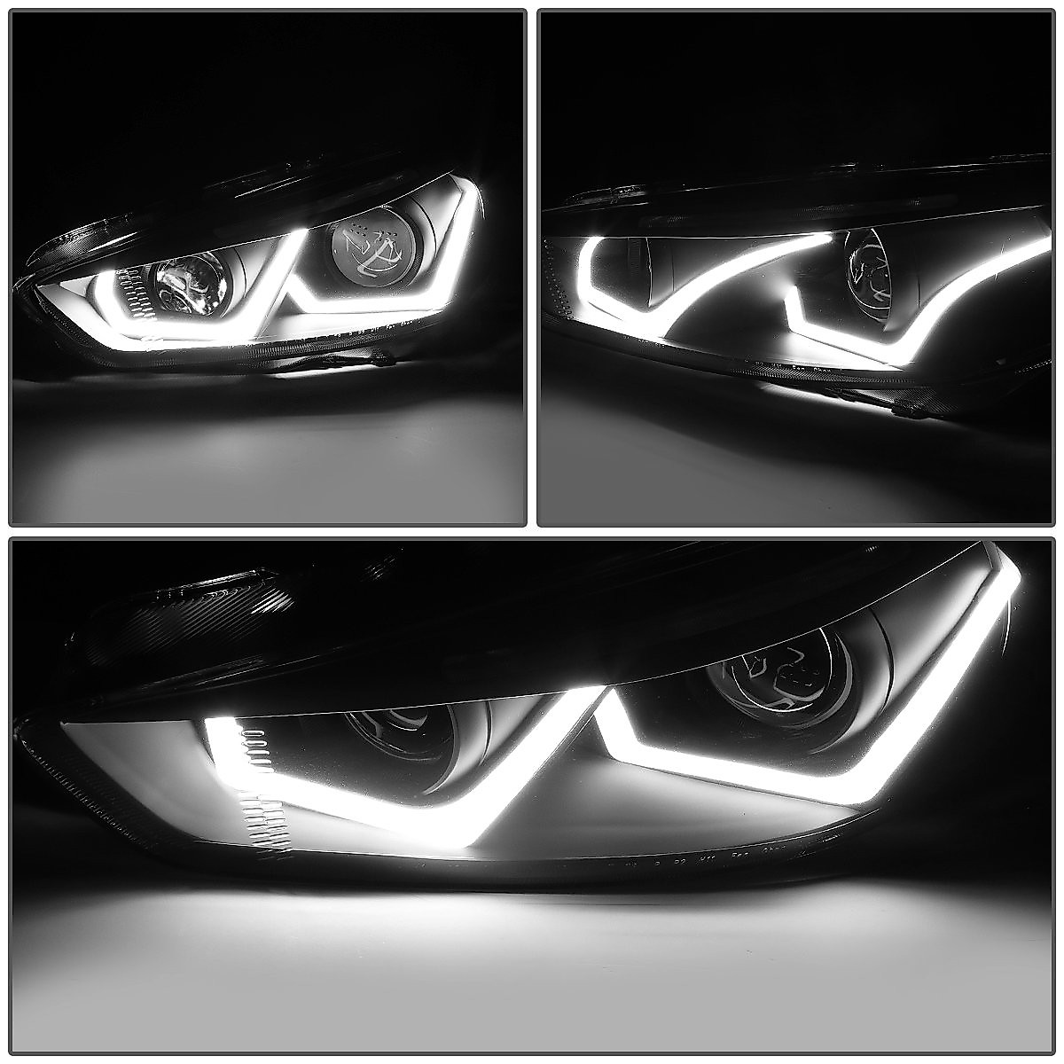 Auto Dynasty Pair Black Housing Clear LED Turn Signal Dual Halo DRL Projector Headlight Lamps Compatible with Ford Focus 15-18