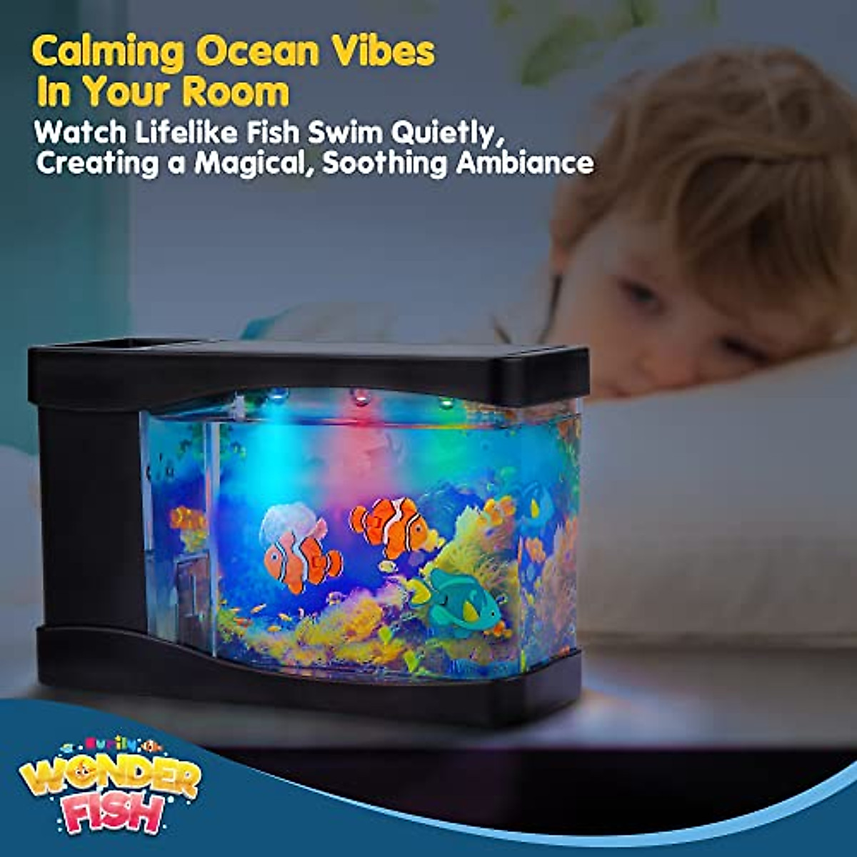 Artificial Fish Tank Virtual Ocean Toy in Motion Lamp - Mini Office Desk Aquarium 3 Colorful LED Lights, Colorful Aquarium Backgrounds - 3 Artificial Fish, Bubbles Tank with Moving Fish, Gift for Kids