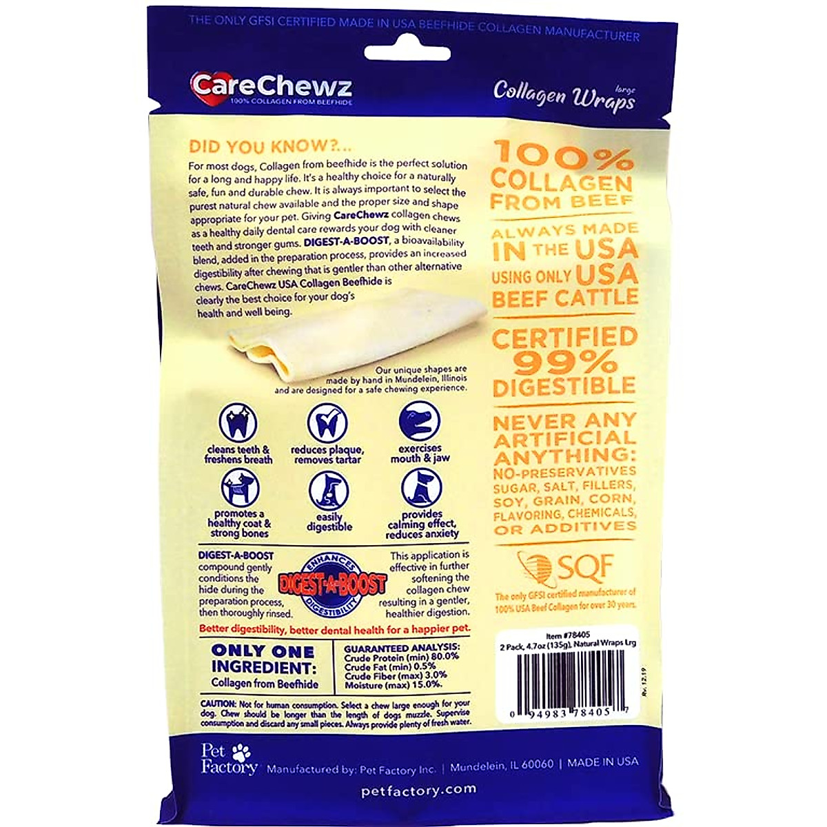Pet Factory CareChewz Collagen 6-7" Large Wraps Dog Chew Treats - Natural Flavor, 2 Count/1 Pack