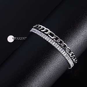 MICANU Cuban Link Chain CZ Bracelet For Men Women Stainless Steel Gold Plated Cubic Zirconia Bracelets Girls Fashion Jewelry Gift (Rhodium Plated, Stainless Steel)