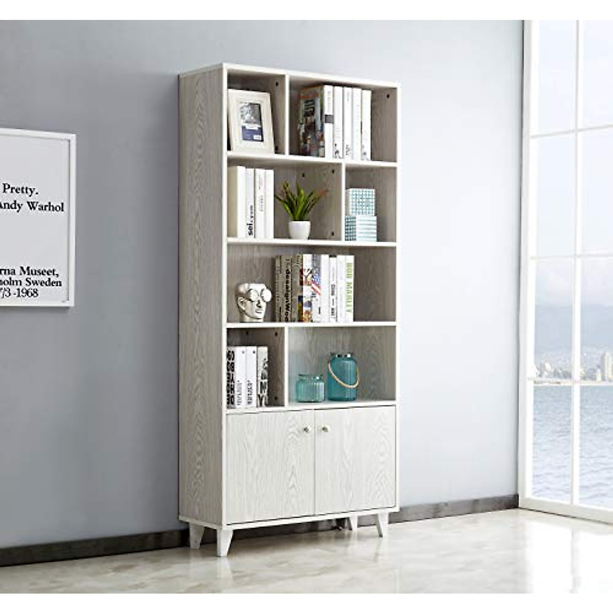 Mixcept Modern Bookcase with 2 Doors 68" Tall Storage Cabinet Wooden Bookshelf with 7 Compartments for Home Office, White Wash