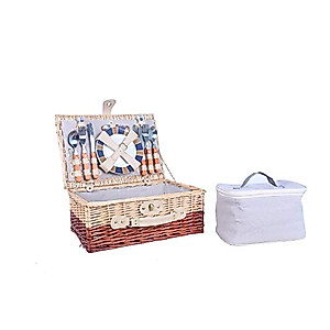 LA Chama Deluxe 4 Person Willow Picnic Basket, 4 Persons Sets, Mobile Ice Pack, Deluxe Plates, Khaki Brown