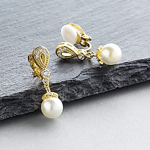 Mariell Clip On Gold Wedding Earrings for Brides, Round Pearl Drop Clip-On CZ Bridal Earring for Women