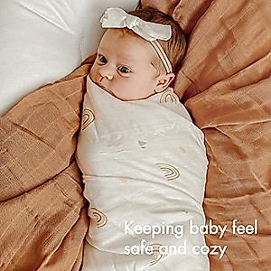 Papablic Muslin Swaddle Blankets, 3-Pack Soft Silky Swaddle Blankets for Boys and Girls, Bamboo & Cotton Receiving Blanket with 1 Hair Bows, Solid Color/Rainbows, Large 47 x 47 inches