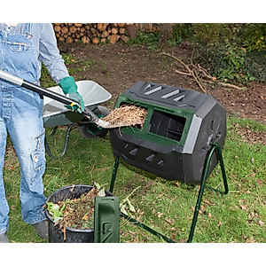 Exaco Trading Company Exaco Mr.Spin Compost Tumbler - 160 Liters / 43 Gallon, Dual Chamber Composter On Two-Leg Stand,Green/Black