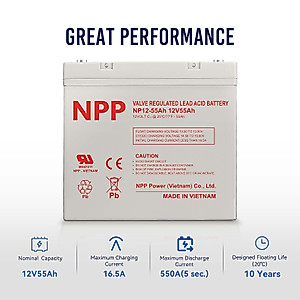 NPP 12V 55Ah SLA AGM Rechargeable Battery with T14(M6) Terminal, Deep Cycle Replacement Lead Acid Battery for Electric Wheelchair, Mobility Scooter, Jazzy Select, Off-Grid Solar System