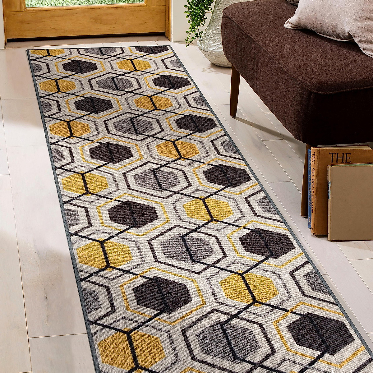 Rugshop Contemporary Geometric Stripe Carpet for Living Room,Bedroom,Home Office,Kitchen Non-Slip Runner Rug (Non-Skid) 2' X 7' (22" X 84") Yellow