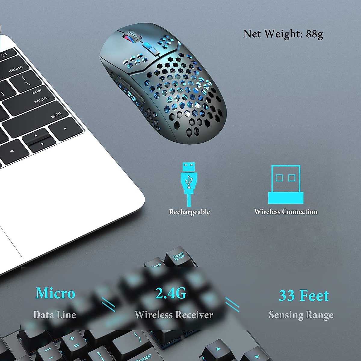 RGB Bluetooth Gaming Mouse Light Weight Silence Wireless Rechargeable Honeycomb Durable Computer Mice Comfortable with Side Button 7 Lights 3 DPI for Laptop Mac Windows Microsoft 2.4G+BT5.0