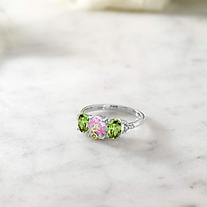 Gem Stone King 10K White Gold Oval Cabochon Pink Simulated Opal Green Peridot and Diamond Engagement Ring For Women (1.65 Cttw, Available In Size 5, 6, 7, 8, 9)