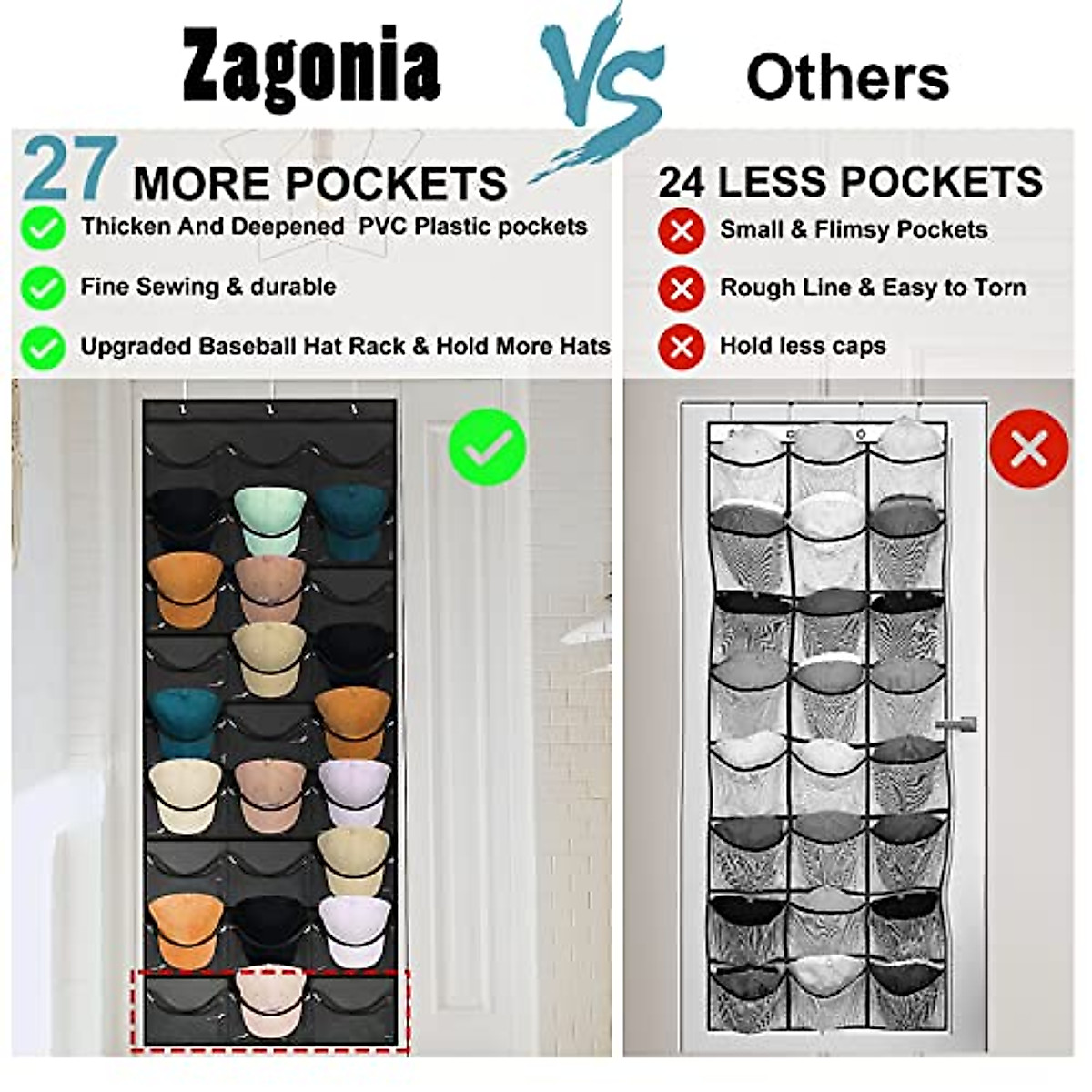 27 Pockets Hat Rack For Baseball Caps, Baseball Hat Organizer for Wall/Over the Door, Caps Hat Holder Hanger For Closet With Large Clear Pockets & 3 Hooks, Hat Storage to Protect and Display (Black)