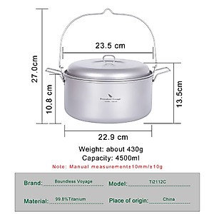 Boundless Voyage Titanium 4.5L Hanging Pot with Steaming Rack Folding Handle Outdoor Camping Cooking Stockpot Steamer Set (4.5L Pot)