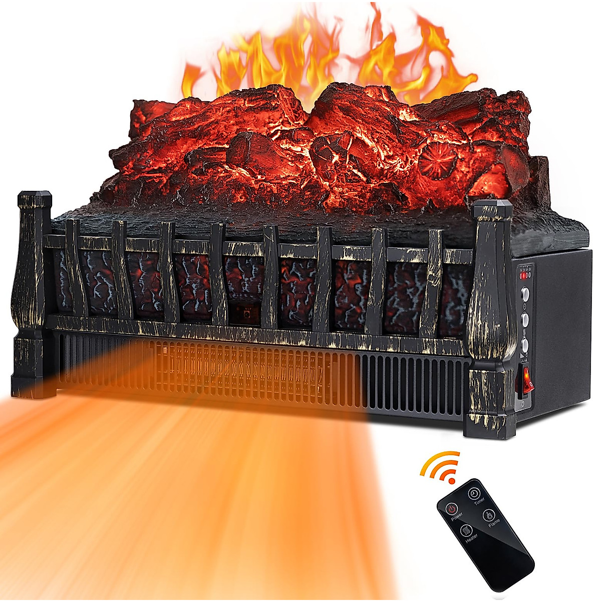 LIFEPLUS Electric Fireplace Log Set Heater 21 Inch with Remote Control 8H Timer Realistic Flame Ember Bed Adjustable Brightness Antique Bronze, Overheat Protection, Fake Fire for Christmas Home Decor