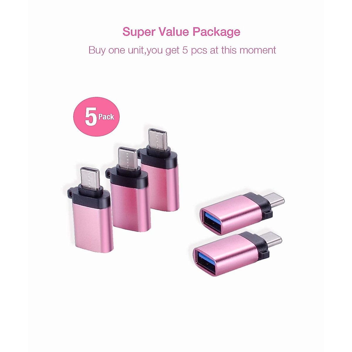 USB C to USB Adapter(5 Pack), USB C to USB 3.0 Adapter, USB Type-C to USB,Thunderbolt 3 to USB Female Adapter OTG for MacBook Pro/Air 2020/2019/2018/2017,iPad Pro 2020,More Type-C Devices(Pink)