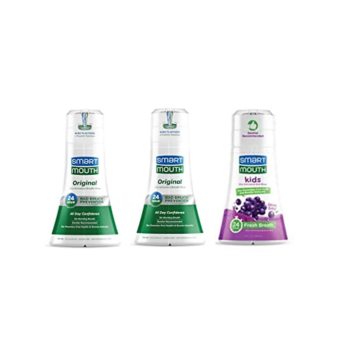 SmartMouth Package with Kids Grape Burst Zinc Activated Oral Rinse - 10 Fl Oz, Grape & Original Activated Mouthwash - 16 Fl Oz, 2 Pack, Fresh Mint