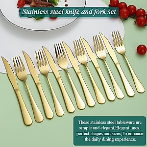 Evanda Gold Steak Knives Set 12 Piece, Gold Titanium Plating Stainless Steel 6 Dinner Forks and 6 Dinner Knives Set, Steak Knives Steak Forks, Dishwasher Safe