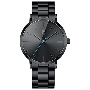 GOLDEN HOUR Men's Watches Slim Minimalist Runway Black Stainless Steel Quartz Analog Watch with Blue Hands