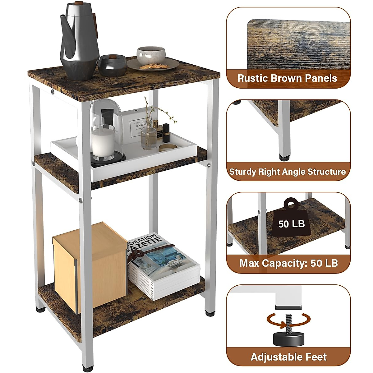 Tigerden 3 Tier Side Table, Heavy Duty End Table with Shelves, Narrow nightstand Table for Small Spaces, Record Player Table for Bedroom, Living Room, Sofa Couch - Rustic Brown & White