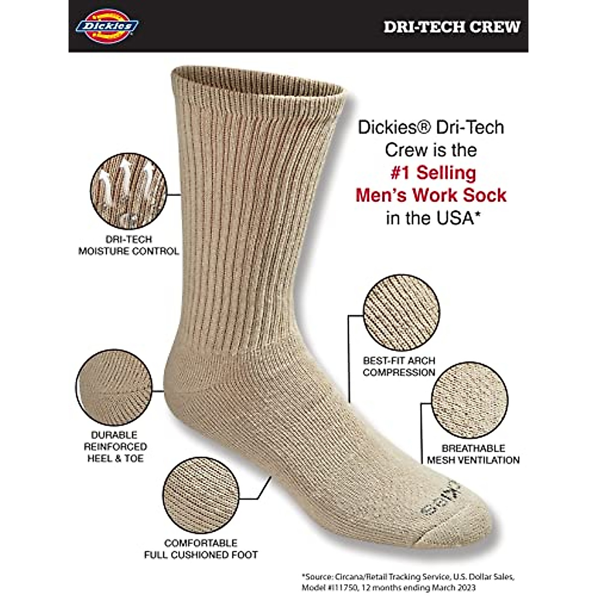 Dickies Men's Dri-Tech Essential Moisture Control Crew Socks, Available in M-XXL (6, 12, Solid Khaki (6 Pairs), Large