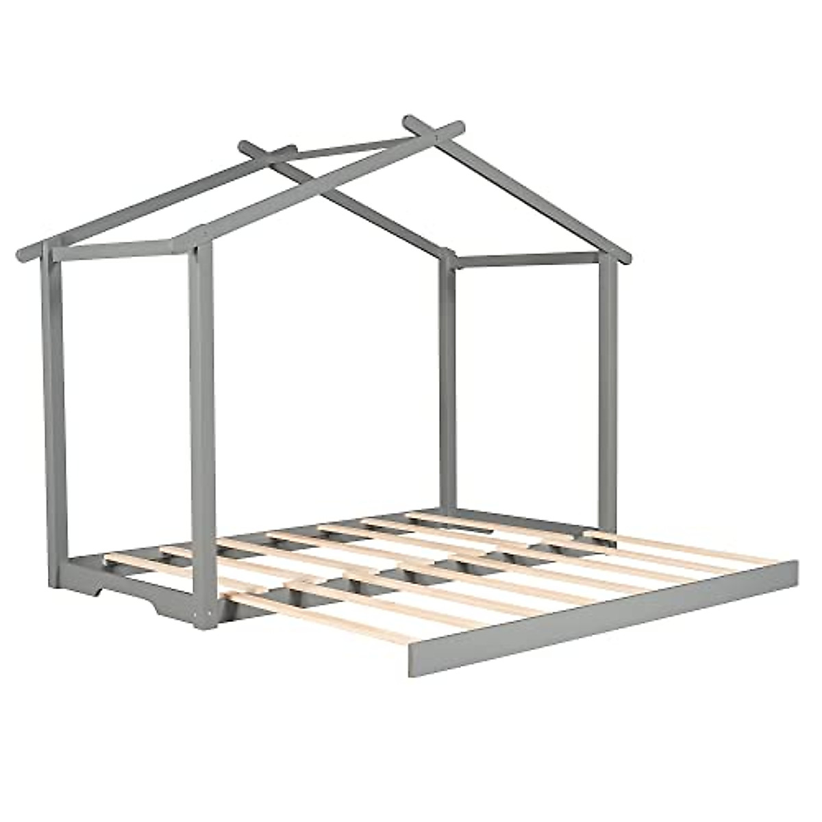 KoiHome Twin Size/King Size Low House Platform Bed with Trundle, Solid Wood Floor Bed Frame with Support Slat for Kids,Teens Bedroom, Roof Design, Creative & Funny, No Box Spring Need, Gray