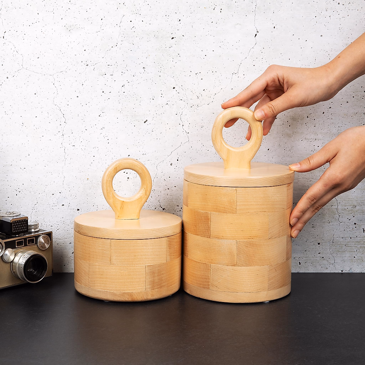 HILARI COLLECTIVE - Premium Designer Wood Canister with Lids - Set of 2 - Decorative Jars for Kitchen Decor, Dining Room and Pantry