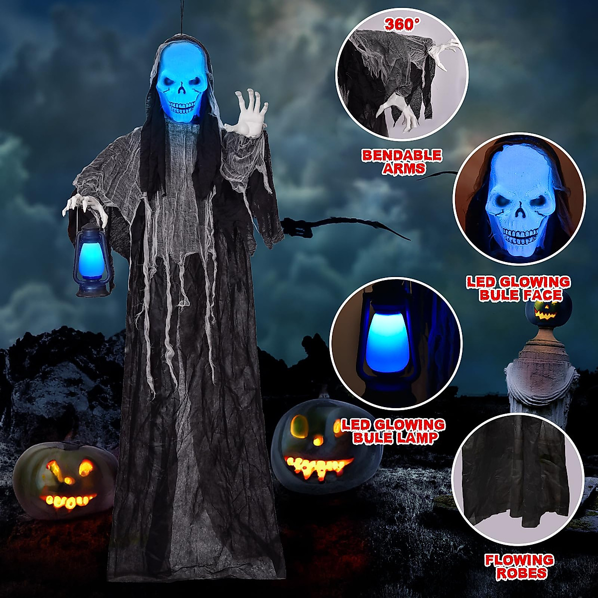 NIFTI NEST Grim Reaper with Light-up Head, Lamp & Creepy Voice, Ghost Skeletons Halloween Decorations Haunted House Props