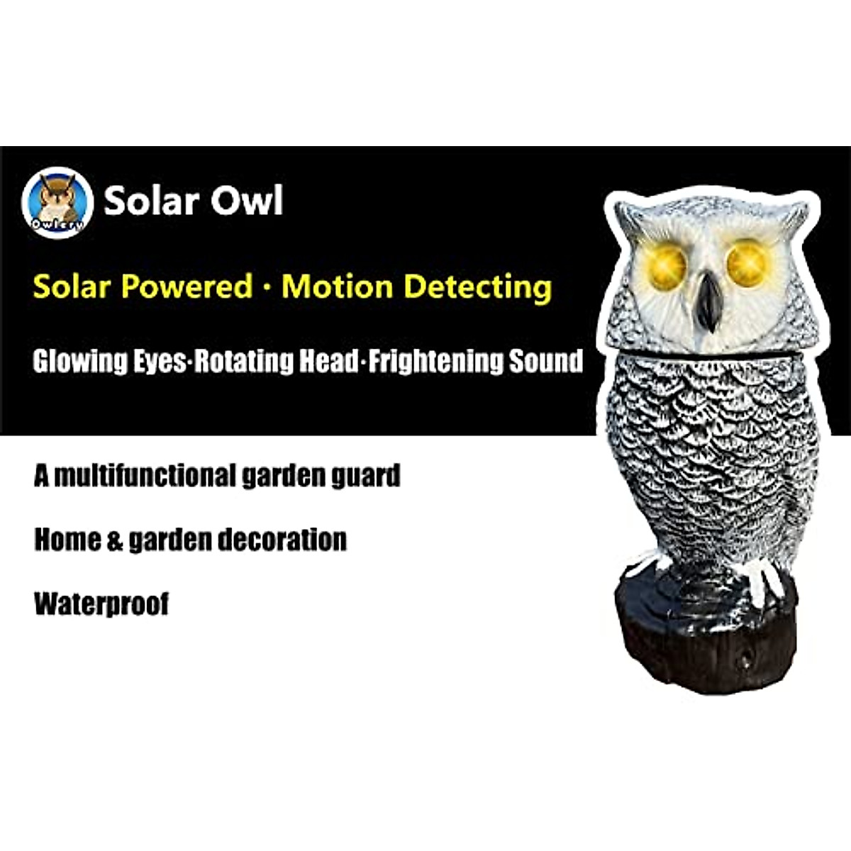 Owlery Solar Owl with Flashing Eyes, Spinning Head and Realistic Tweets, Plastic Owl Decoration for Home, Garden, Patio and Fence