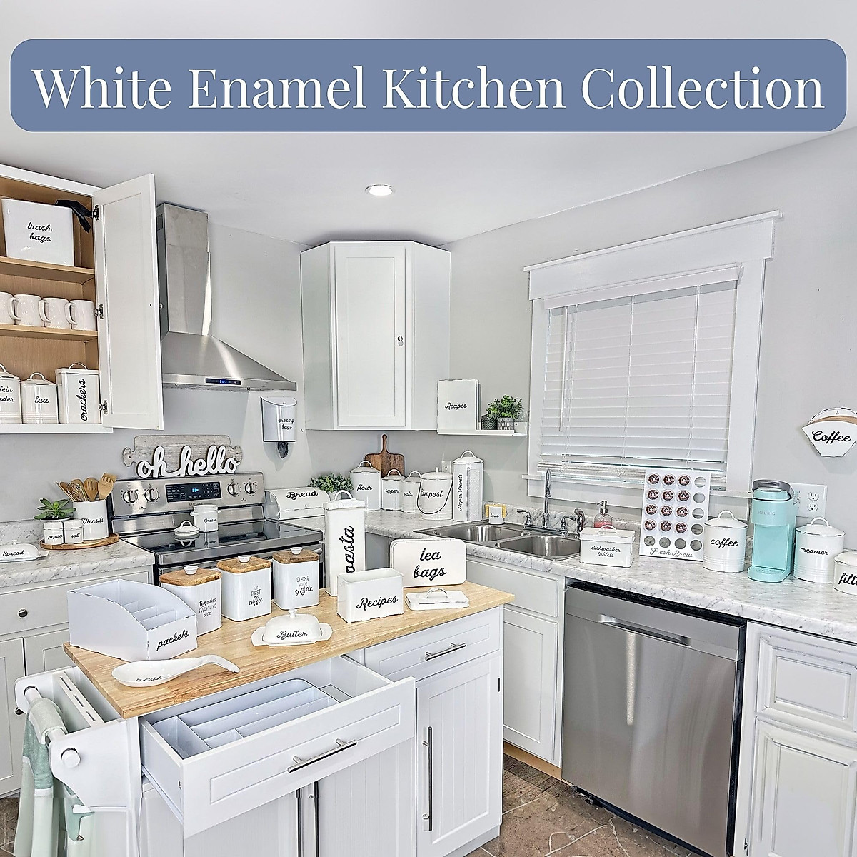 AuldHome Enamelware White Coffee Canister; Rustic Distressed Style Tea Storage for Kitchen