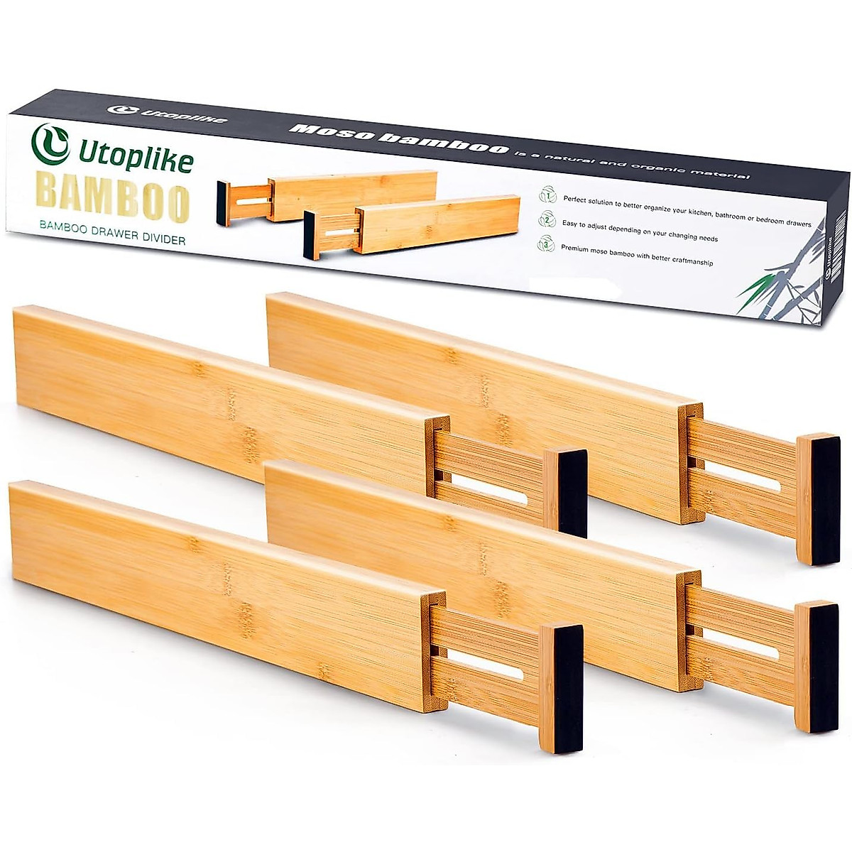 Utoplike 4 Pack Bamboo Kitchen Drawer Dividers,Adjustable Drawer Organizers,Spring Loaded,Works in Kitchen,Dresser,Bathroom,Bedroom,Drawer,Desk