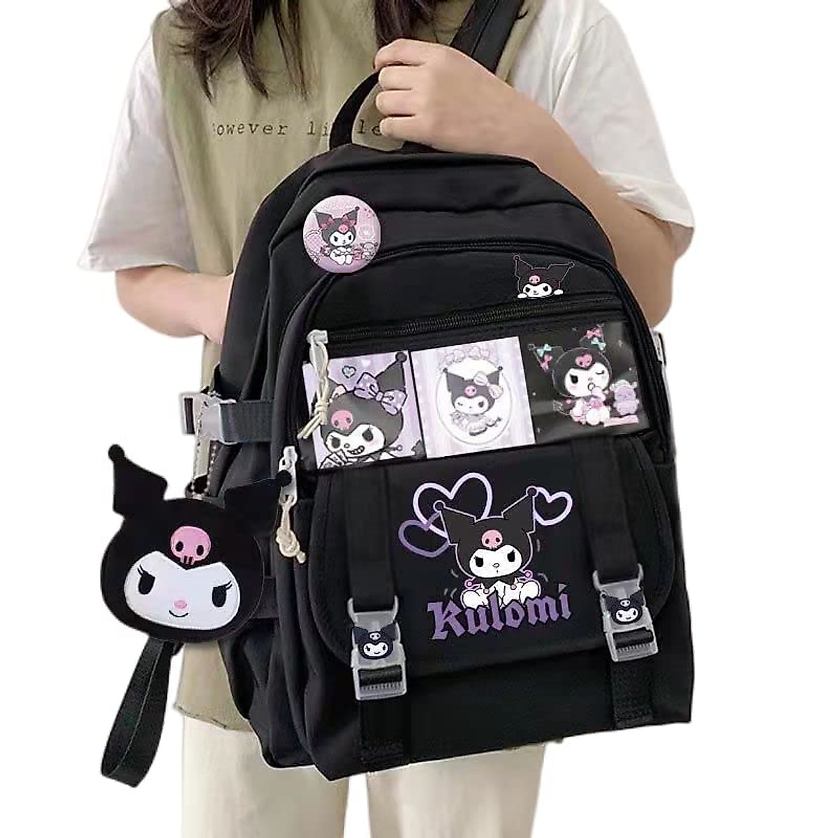 Edles Elves backpack school bag withe side pokect large suitable for boy girl ​hiking camping picnic (black, doll, card, badge)